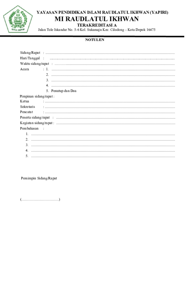 (DOC) Contoh Format Notulen Rapat MI Raudlatul Ikhwan | Muhammad Arif ...