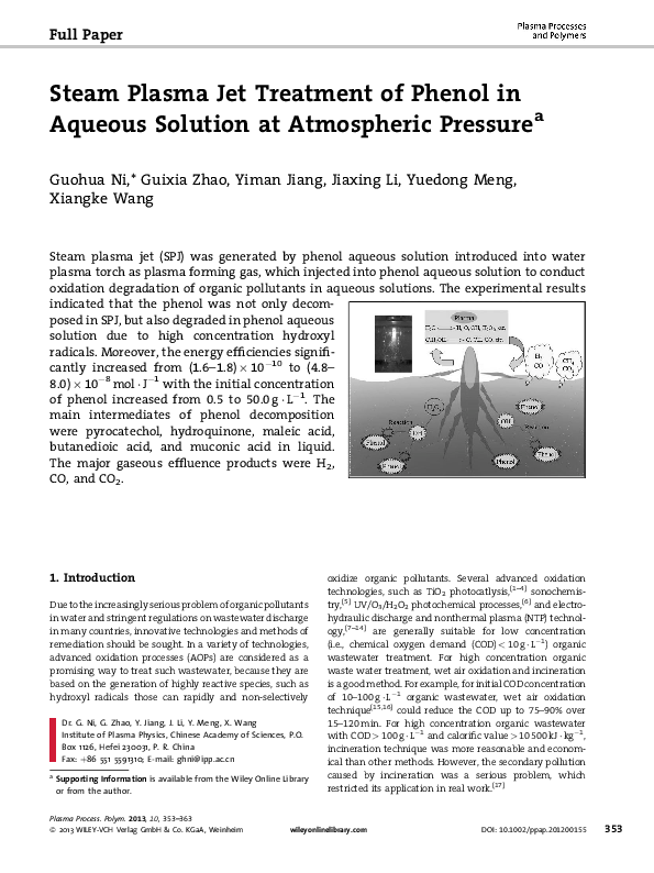 (PDF) Steam Plasma Jet Treatment of Phenol in Aqueous Solution at ...