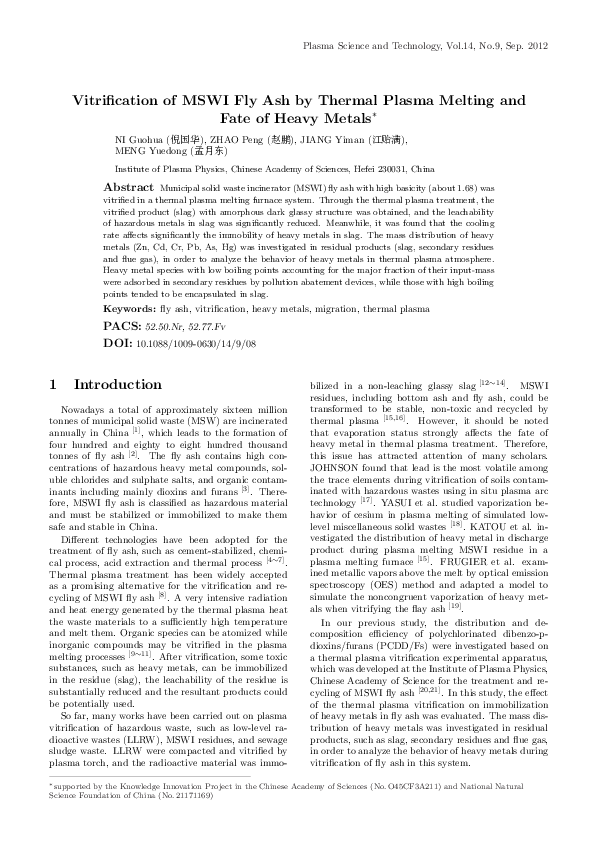 (PDF) Vitrification of MSWI Fly Ash by Thermal Plasma Melting and Fate ...