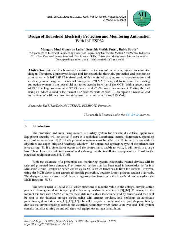 (PDF) Design of Household Electricity Protection and Monitoring Automation With IoT ESP32
