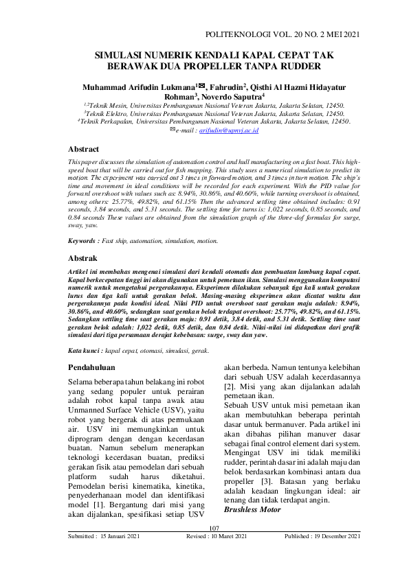 (PDF) Simulasi Numerik Kendali Kapal Cepat Tak Berawak Dua Propeller Tanpa Rudder