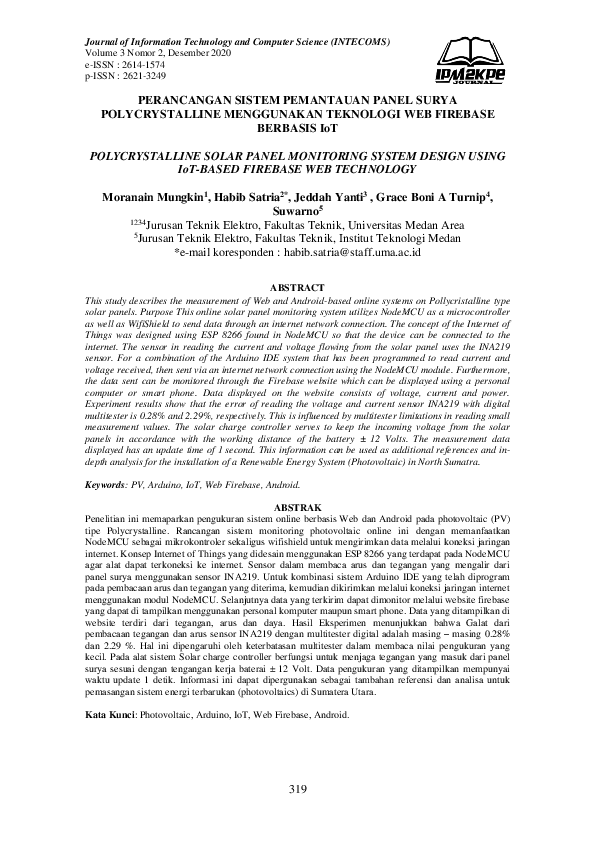 (PDF) Perancangan Sistem Pemantauan Panel Surya Pollycristalline Menggunakan Teknologi Web ...
