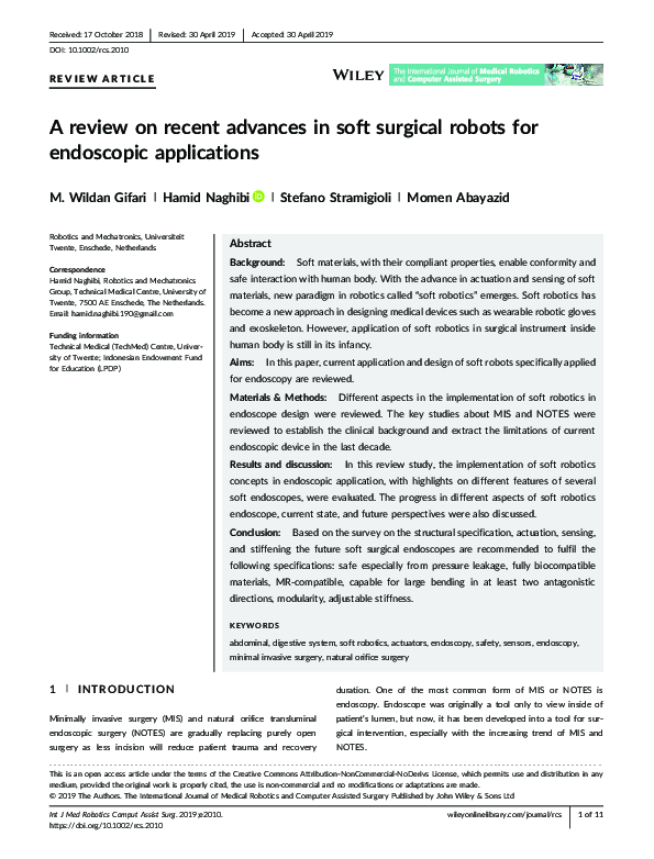 (PDF) A review on recent advances in soft surgical robots for endoscopic applications