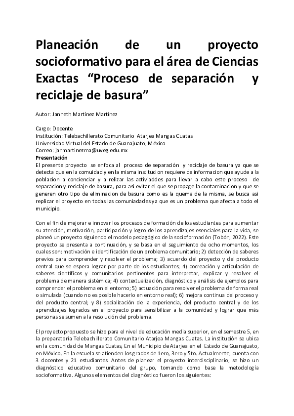 (PDF) Planeación de un proyecto socioformativo para el área de Ciencias Exactas "Proceso de ...