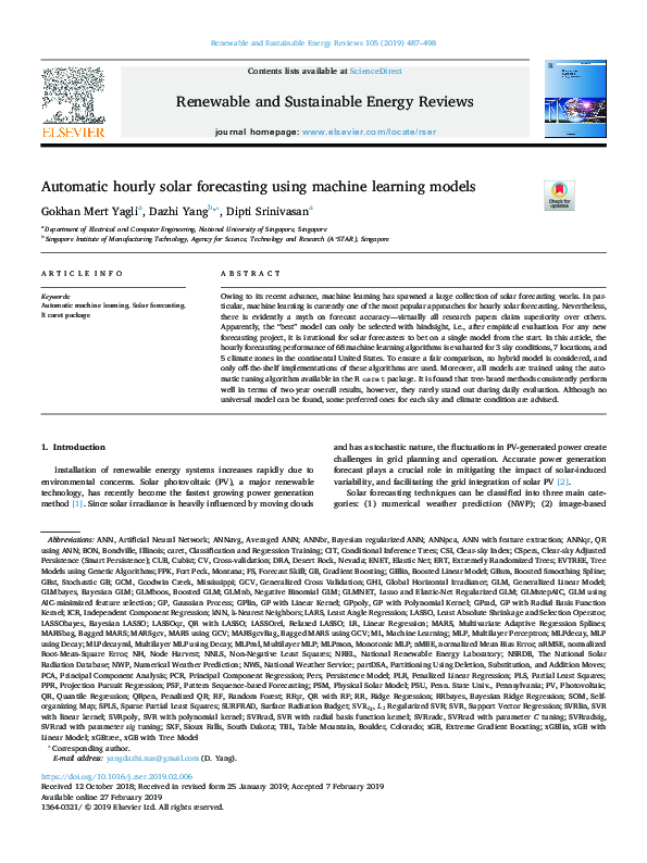 Pdf Automatic Hourly Solar Forecasting Using Machine Learning Models