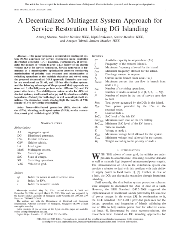 (PDF) A Decentralized Multiagent System Approach for Service Restoration Using DG Islanding