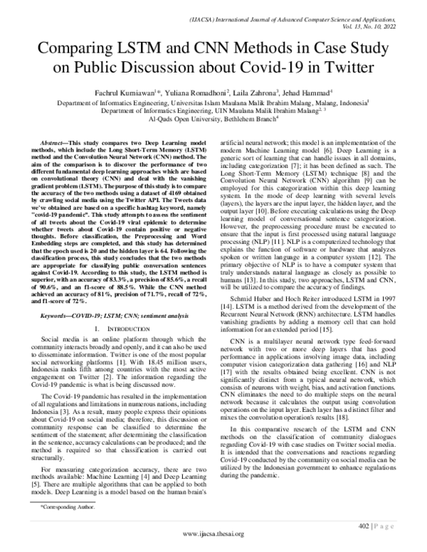 (PDF) Comparing LSTM and CNN Methods in Case Study on Public Discussion about Covid-19 in Twitter