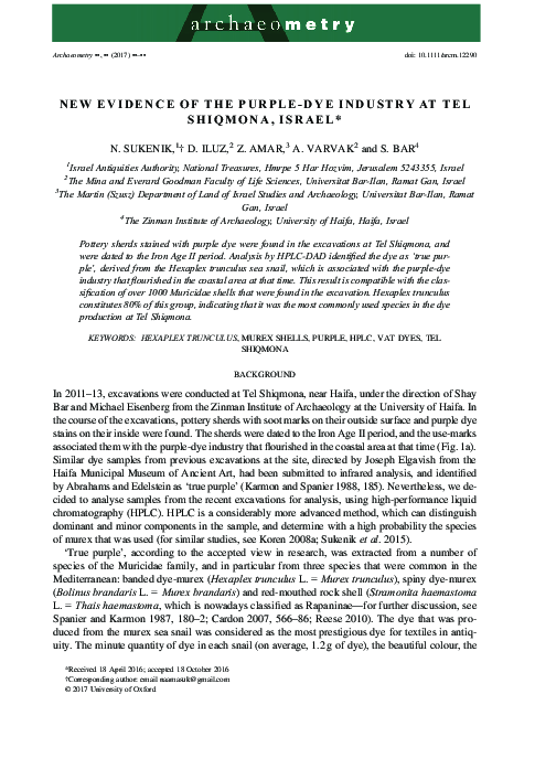 New Evidence of the Purple-Dye Industry at Tel Shiqmona, Israel