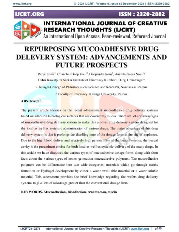 (PDF) Repurposing Mucoadhesive Drug Delevery System: Advancements and ...