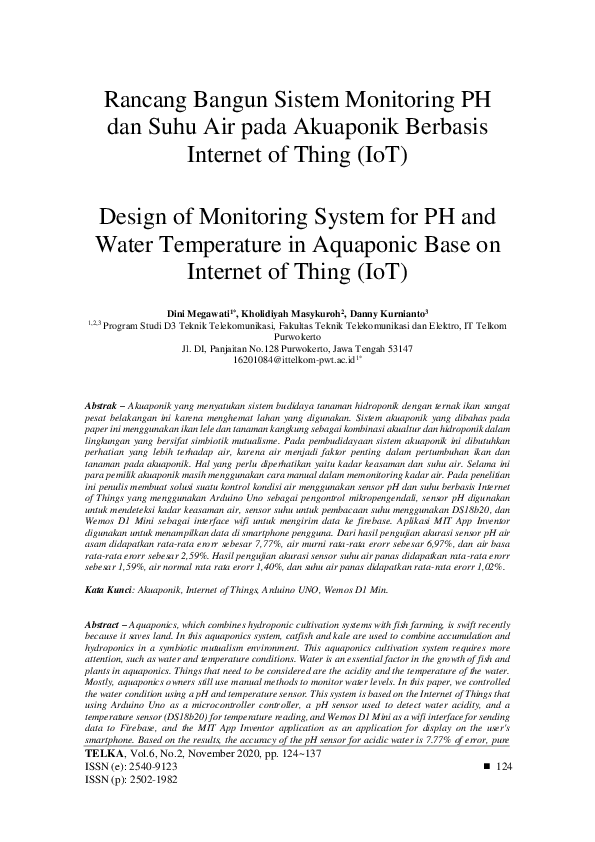 Pdf Rancang Bangun Sistem Monitoring Ph Dan Suhu Air Pada Akuaponik Berbasis Internet Of Thing