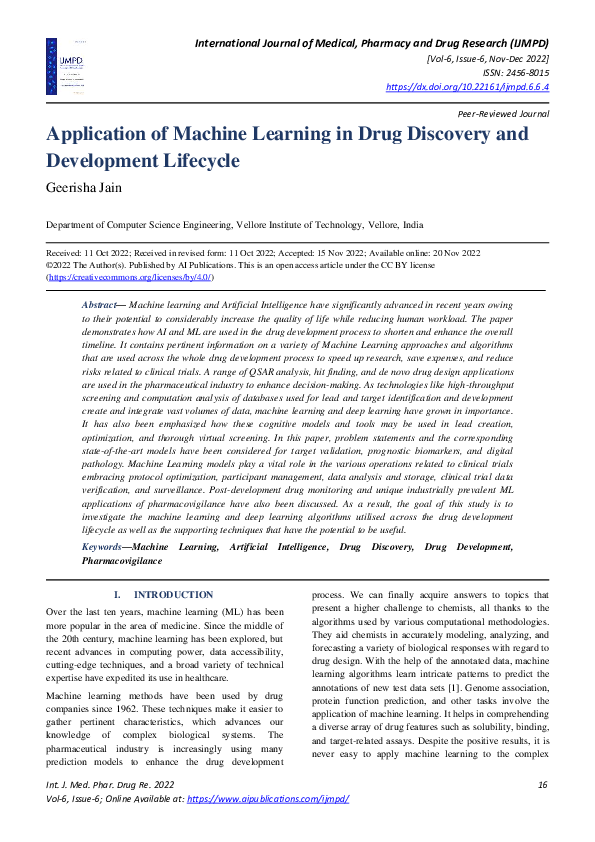 (PDF) Application of Machine Learning in Drug Discovery and Development ...