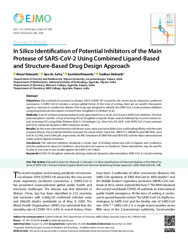 (PDF) In Silico Identification of Potential Inhibitors of the Main Protease of SERS-CoV-2 Using ...