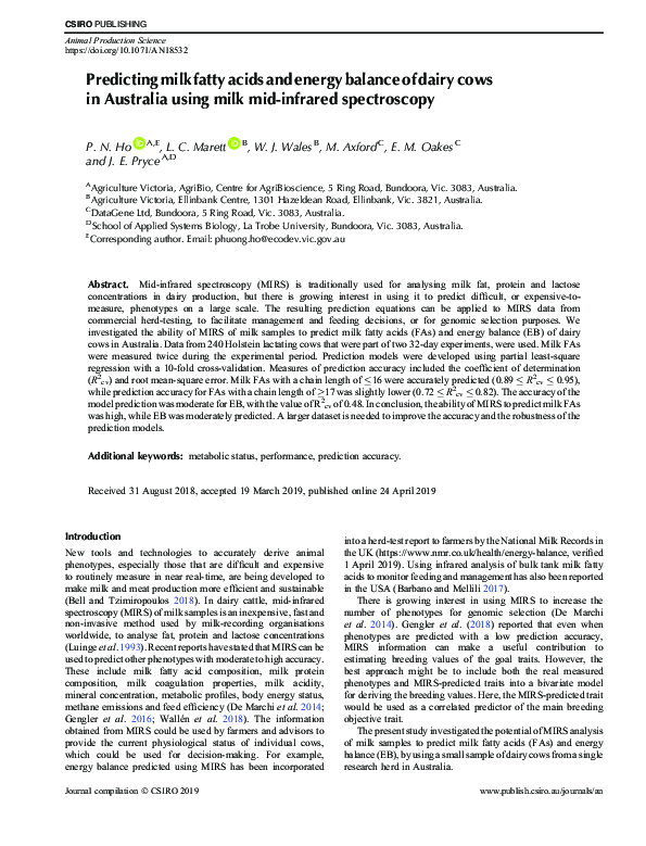 (PDF) Predicting milk fatty acids and energy balance of dairy cows in Australia using milk mid ...