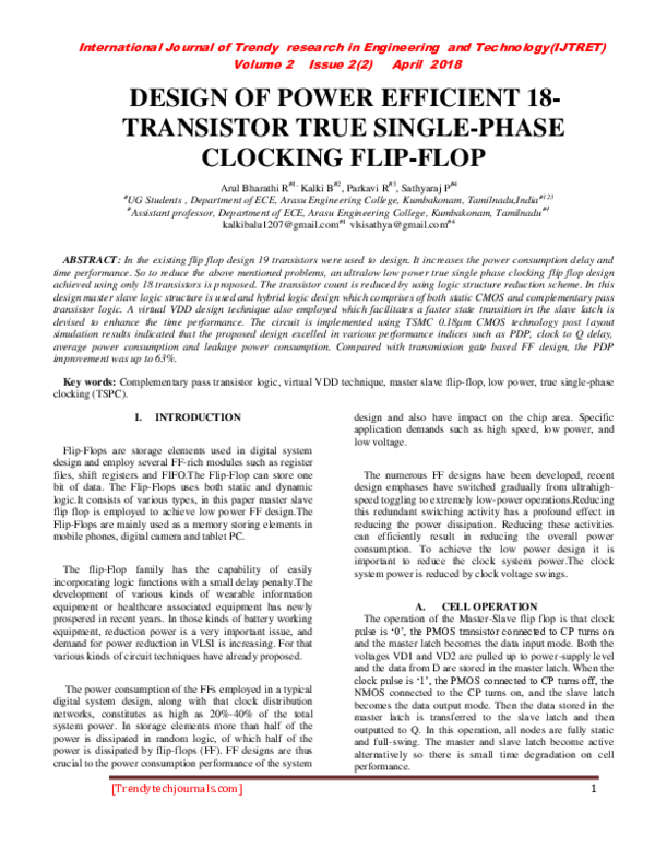 (PDF) DESIGN OF POWER EFFICIENT 18-TRANSISTOR TRUE SINGLE-PHASE CLOCKING FLIP-FLOP
