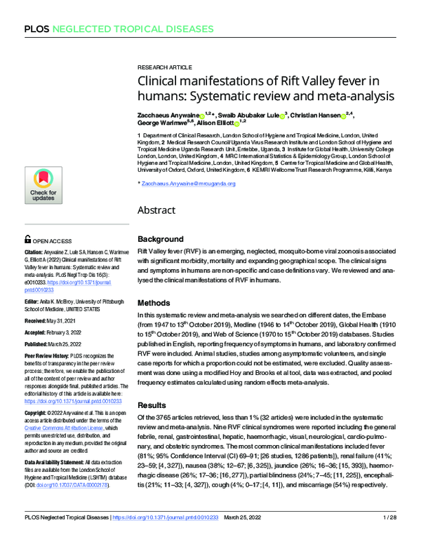 (PDF) Clinical manifestations of Rift Valley fever in humans ...