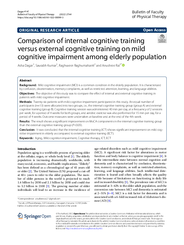 (PDF) Comparison of internal cognitive training versus external ...