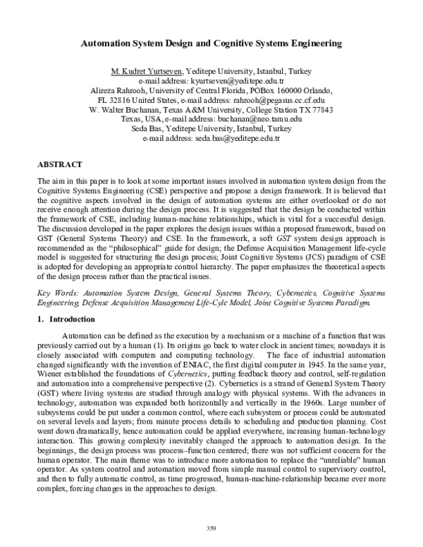 (PDF) Automation System Design and Cognitive Systems Engineering