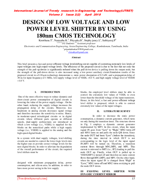 (PDF) DESIGN OF LOW VOLTAGE AND LOW POWER LEVEL SHIFTER BY USING 180nm ...