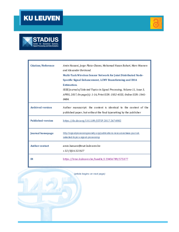 (PDF) Multi-Task Wireless Sensor Network for Joint Distributed Node-Specific Signal Enhancement ...
