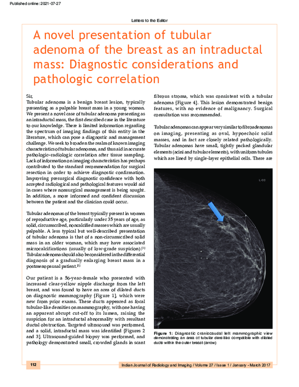 (PDF) A novel presentation of tubular adenoma of the breast as an ...