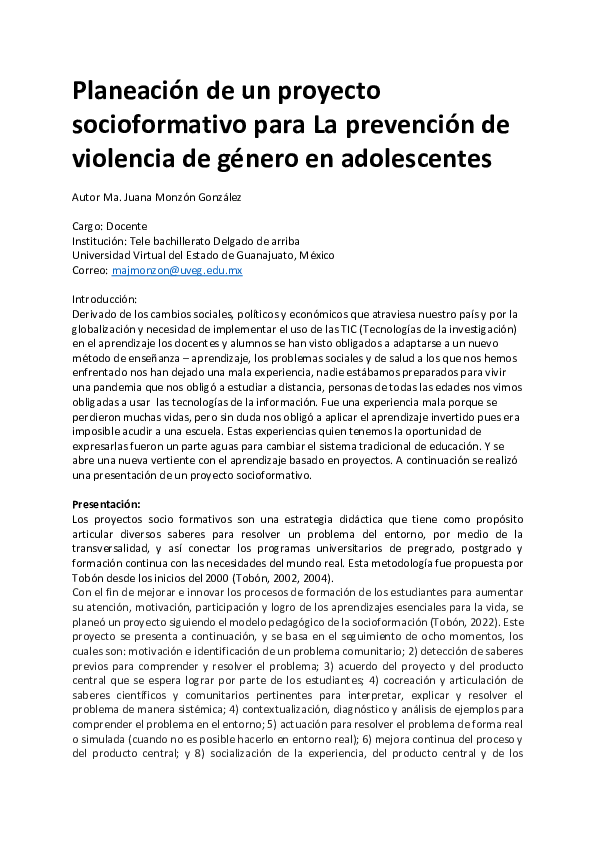 (PDF) Planeación de un proyecto socioformativo para La prevención de violencia de género en ...