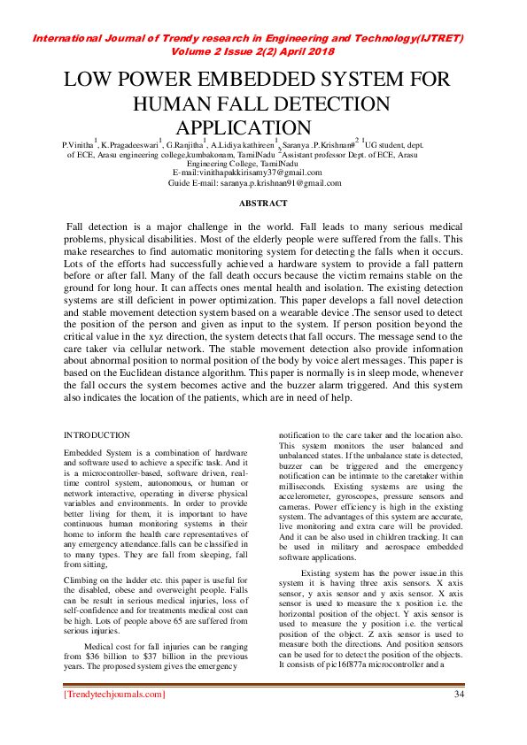 (PDF) LOW POWER EMBEDDED SYSTEM FOR HUMAN FALL DETECTION APPLICATION