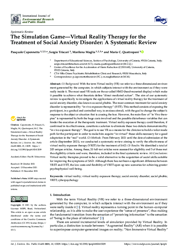 (PDF) The Simulation Game—Virtual Reality Therapy for the Treatment of Social Anxiety Disorder ...
