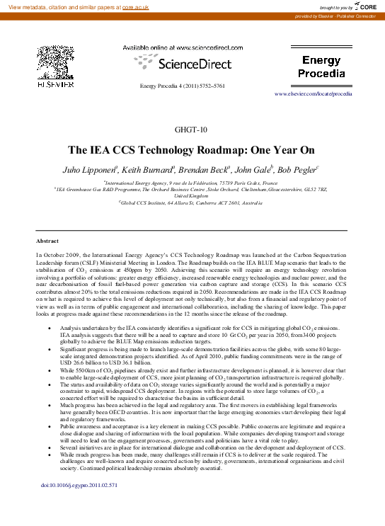 (PDF) The IEA CCS Technology Roadmap: One Year On