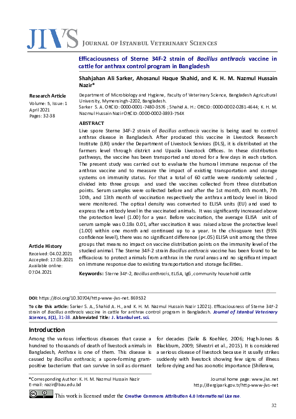 (PDF) Efficaciousness of Sterne 34F-2 strain of Bacillus anthracis ...