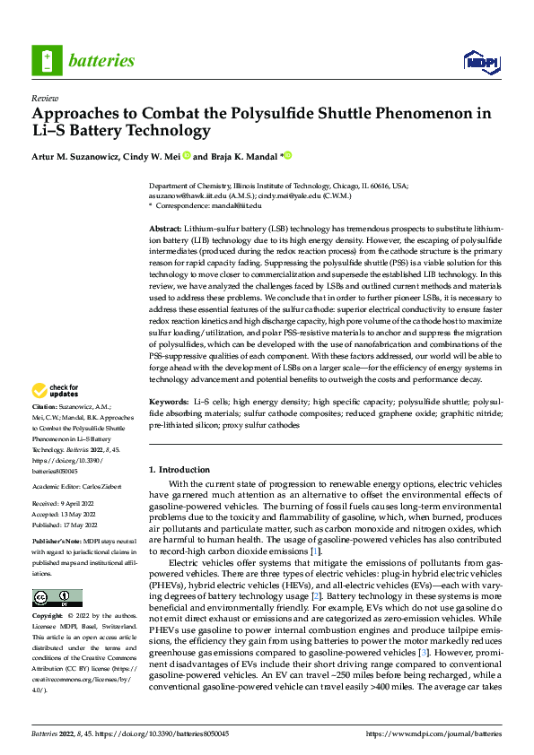 (PDF) Approaches to Combat the Polysulfide Shuttle Phenomenon in Li–S ...