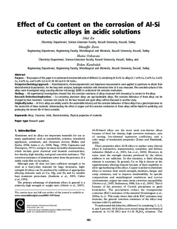 (PDF) Effect of Cu content on the corrosion of Al‐Si eutectic alloys in acidic solutions