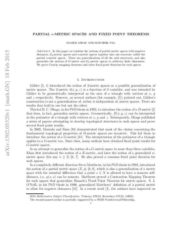 (PDF) Partial n-metric spaces and fixed point theorems