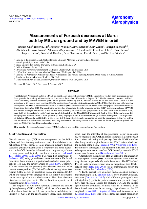 (PDF) Measurements of Forbush decreases at Mars: both by MSL on ground ...