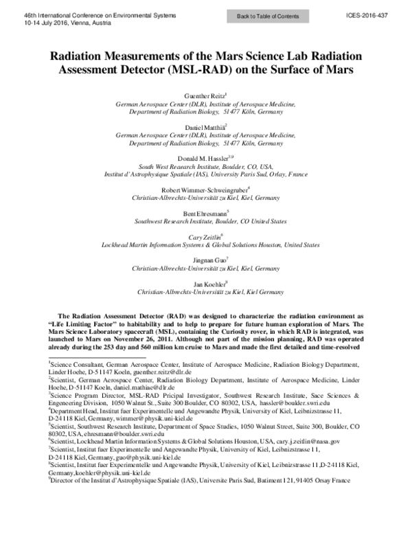 (PDF) Radiation Measurements of the Mars Science Lab Radiation ...