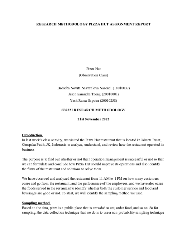 (DOC) RESEARCH METHODOLOGY PIZZA HUT ASSIGNMENT REPORT