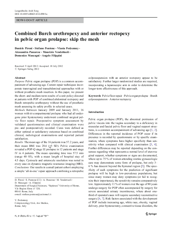 (PDF) Combined Burch urethropexy and anterior rectopexy in pelvic organ ...