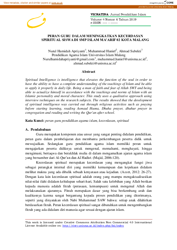 (PDF) Peran Guru dalam Meningkatkan Kecerdasan Spiritual Siswa di SMP ...