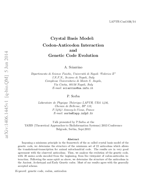 (PDF) Crystal basis model: Codon-Anticodon interaction and genetic code evolution