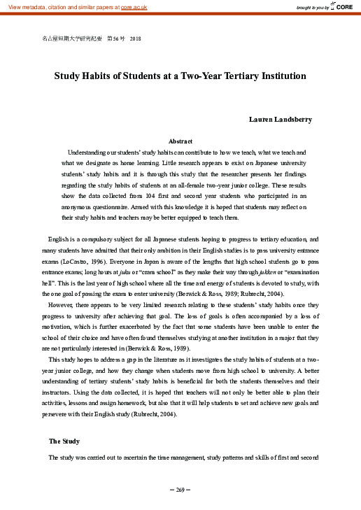 (PDF) Study Habits of Students at a Two-Year Tertiary Institution