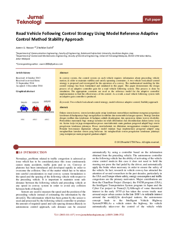(PDF) Road Vehicle Following Control Strategy Using Model Reference Adaptive Control Method ...