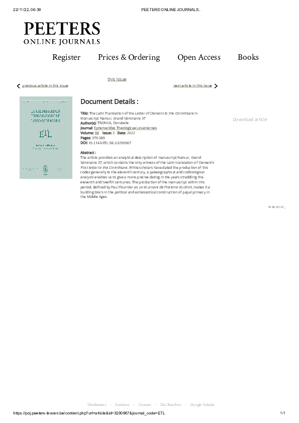 (PDF) The Latin Translation of the Letter of Clement to the Corinthians ...