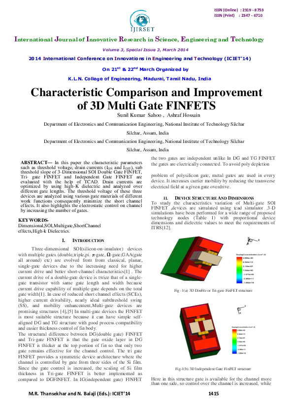 (PDF) Characteristic Comparison and Improvementof 3D Multi Gate FINFETS