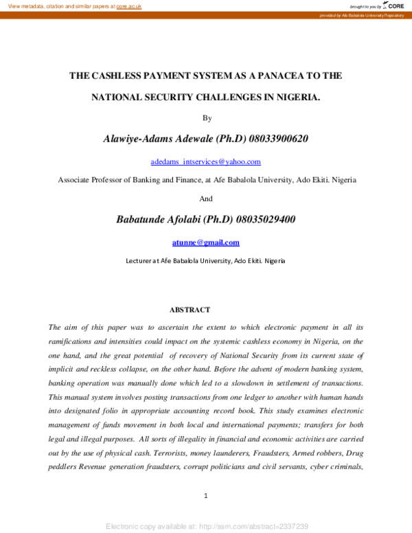 (PDF) The Cashless Payment System as a Panacea to the National Security Challenges in Nigeria