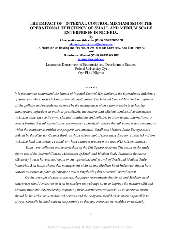 (PDF) The Impact of Internal Control Mechanism on the Operational Efficiency of Small and Medium ...