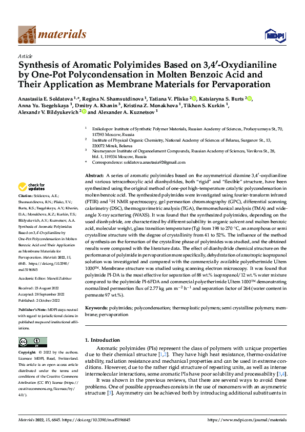 (PDF) Synthesis of Aromatic Polyimides Based on 3,4′-Oxydianiline by ...