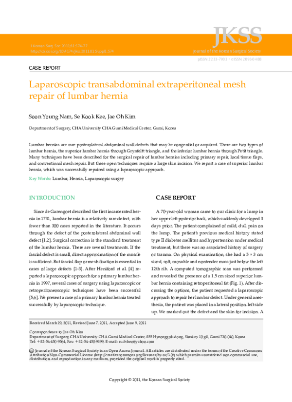 (PDF) Laparoscopic transabdominal extraperitoneal repair of lumbar hernia