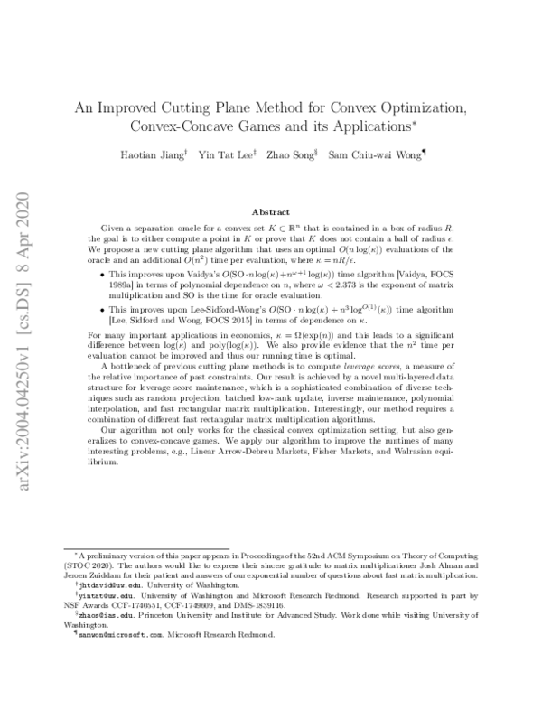 Pdf An Improved Cutting Plane Method For Convex Optimization Convex Concave Games And Its