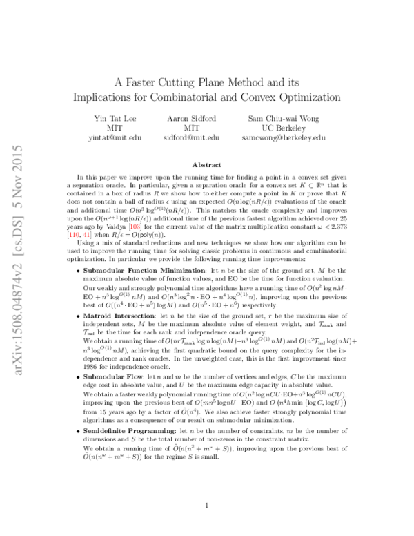 Pdf A Faster Cutting Plane Method And Its Implications For Combinatorial And Convex