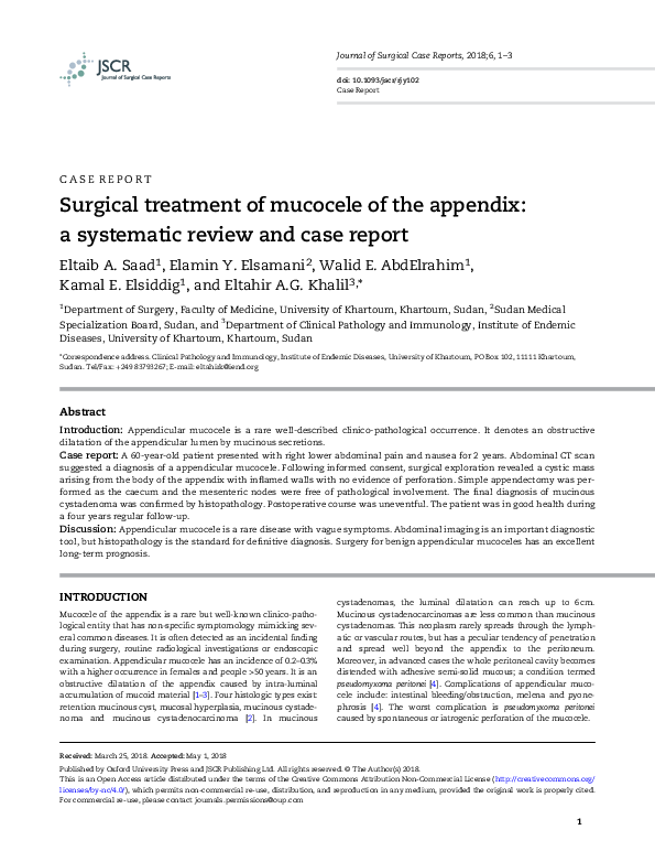 (PDF) Surgical treatment of mucocele of the appendix: a systematic review and case report