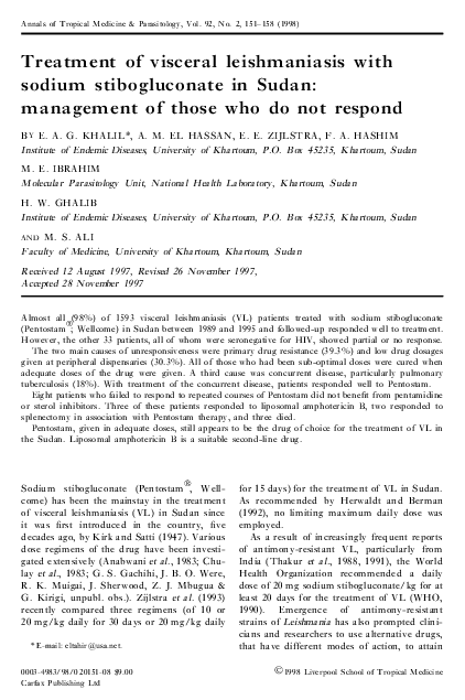 (PDF) Treatment of visceral leishmaniasis with sodium stibogluconate in ...